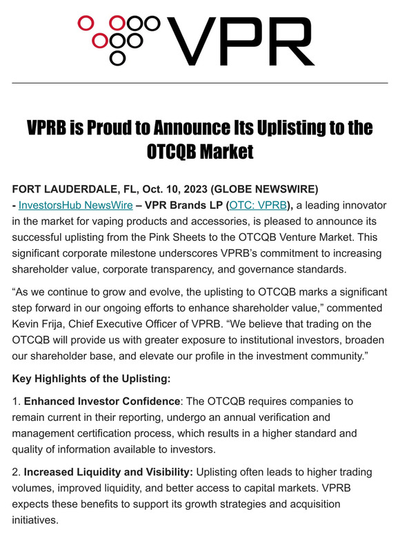 VPR Brands, LP: VPRB is Proud to Announce Its Uplisting to the OTCQB ...