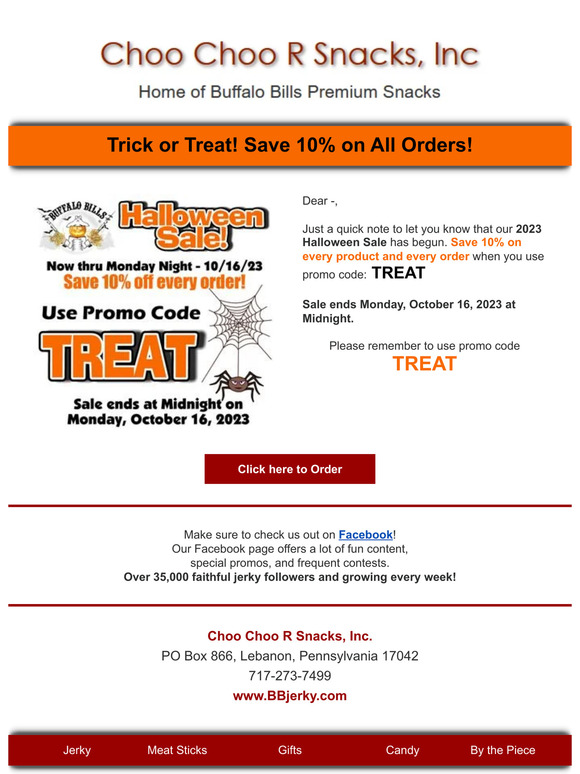 Choo Choo R Snacks: Trick or Treat! Save 10% at Buffalo Bills Premium ...