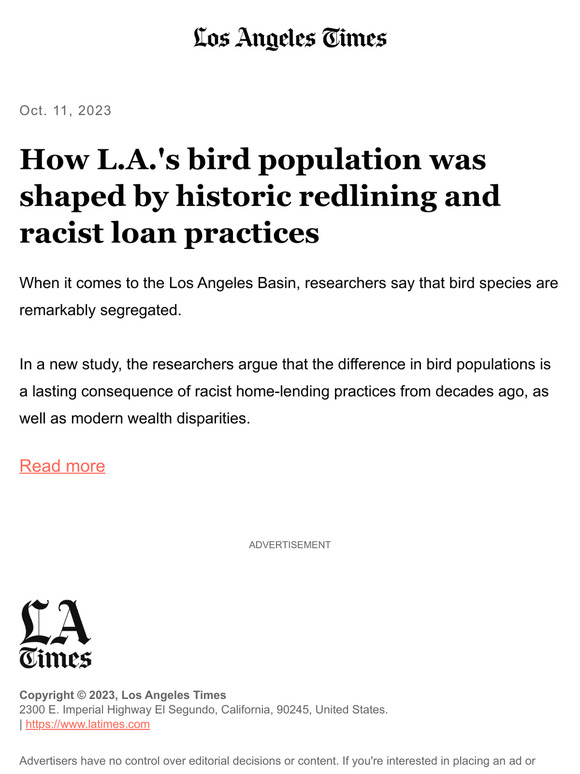 Los Angeles Times: How L.A.’s bird population was shaped by historic ...