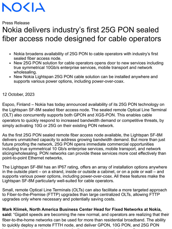 Nokia Health: Nokia delivers industry’s first 25G PON sealed fiber ...