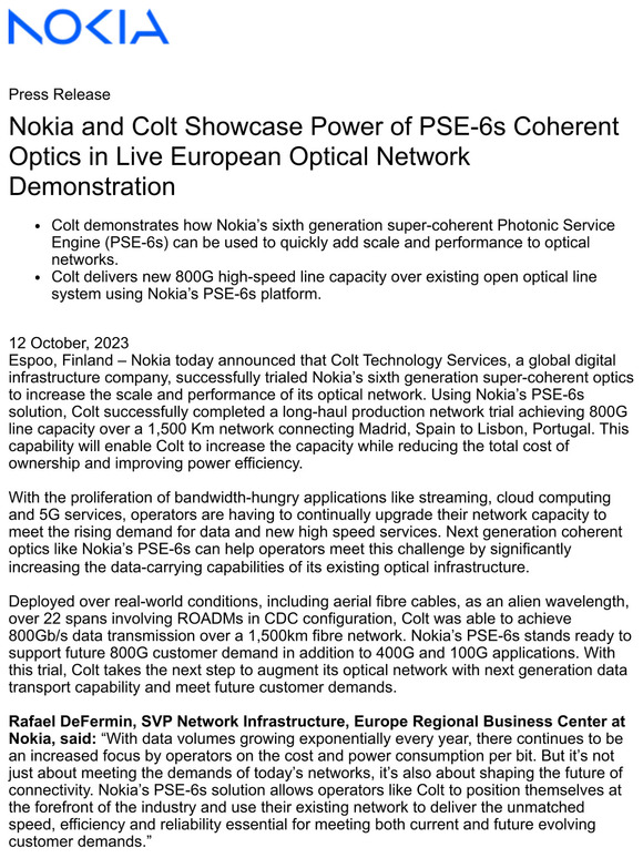 Withings: Nokia and Colt Showcase Power of PSE-6s Coherent Optics in ...