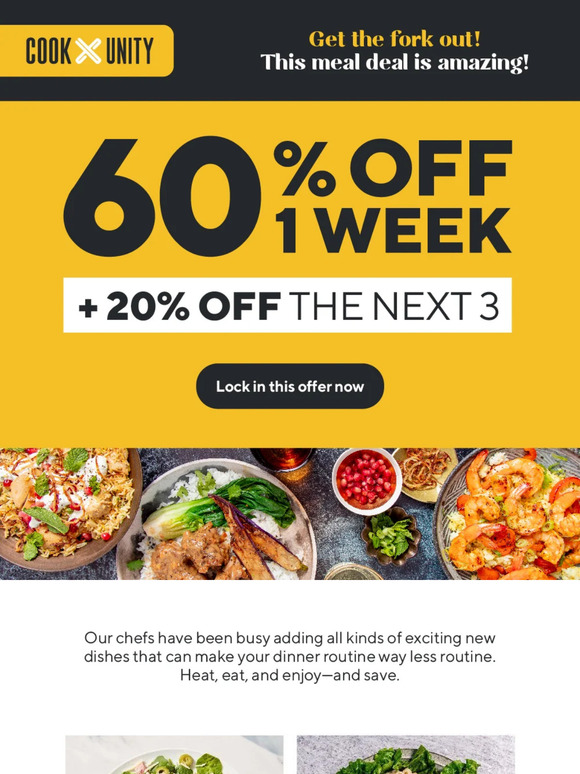 Cook Unity: Win-Win! 60% off week 1 + 20% off your next 3 | Milled