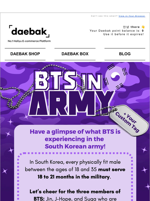 Daebak: 🔥 [NEW] Korean Army Box - Special BTS Edition | Milled
