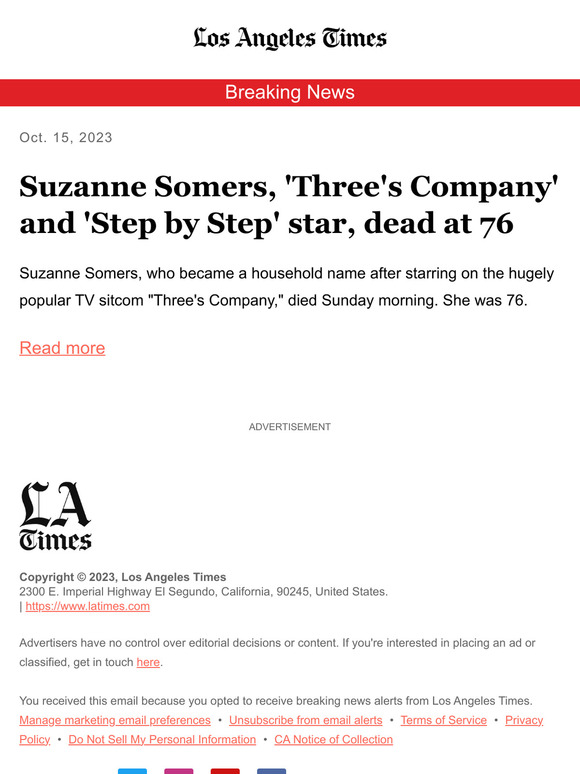 Los Angeles Times: Breaking news: 'Three's Company' star Suzanne Somers ...