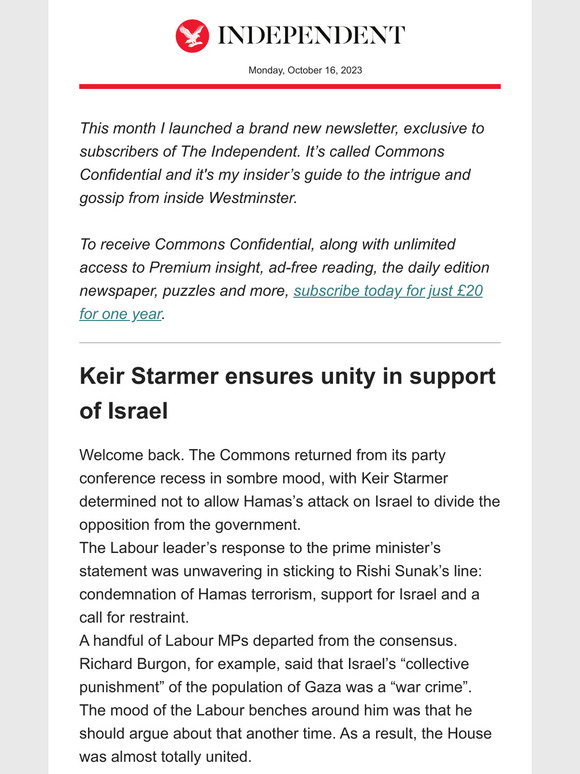 The Independent: Keir Starmer ensures unity in support of Israel | Milled