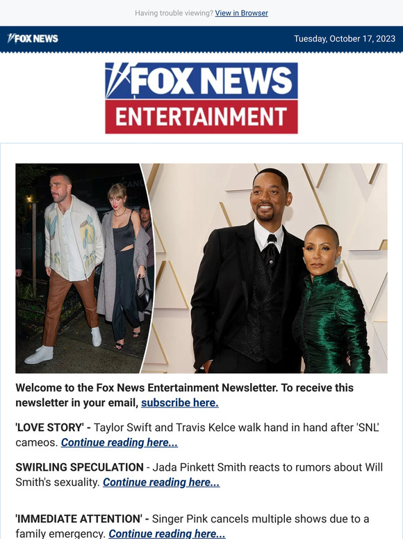 Fox News: Taylor Swift, Travis Kelce cozy up after leaving party; Jada ...