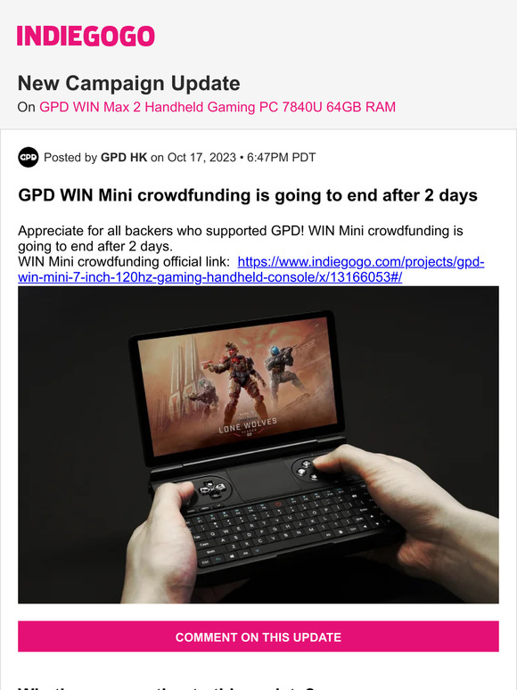 Indiegogo: 📢 Update #83 from GPD WIN Max 2 Handheld Gaming PC 7840U ...