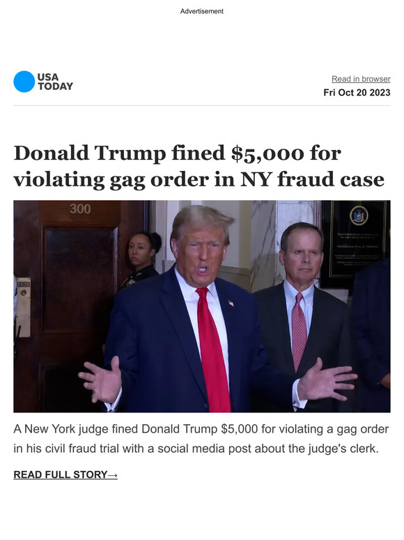 USA TODAY: Breaking: Trump fined $5,000 for violating gag order in New ...