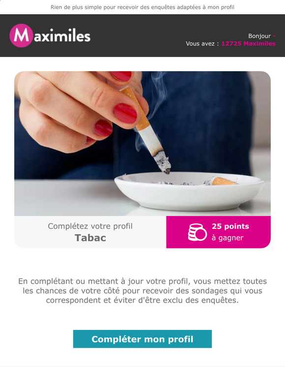 Maximiles: —, complétez votre profil Tabac et gagnez 25 points ! | Milled