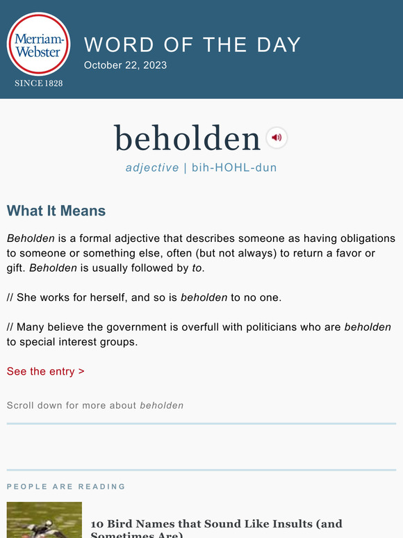 Merriam-Webster: Beholden - plus, 10 Bird Names that Sound Like Insults ...