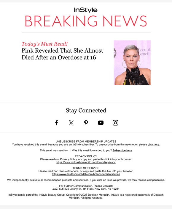 InStyle: Pink revealed that she almost died after an overdose at 16 | Milled