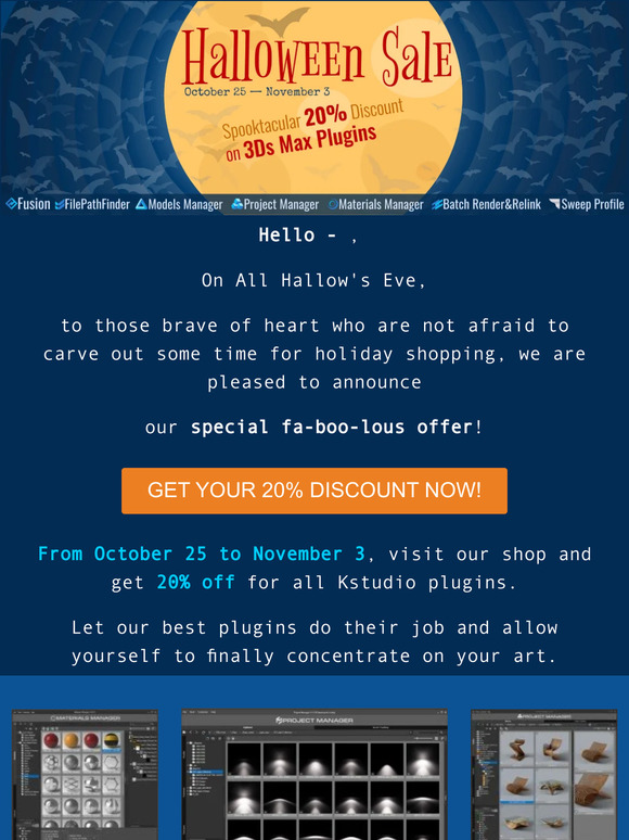Kstudio: Halloween 20% Discount on 3Ds Max Plugins | Milled
