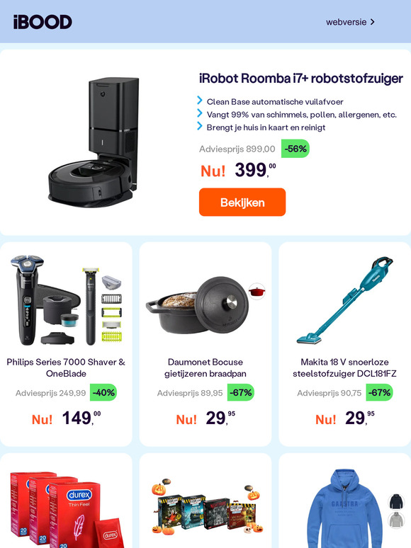 iBOOD: iRobot Roomba i7+ robotstofzuiger -56% | Philips Series 7000 ...