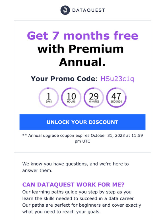 Dataquest: HSu23c1q unlocks 7 months of free with Premium Annual | Milled