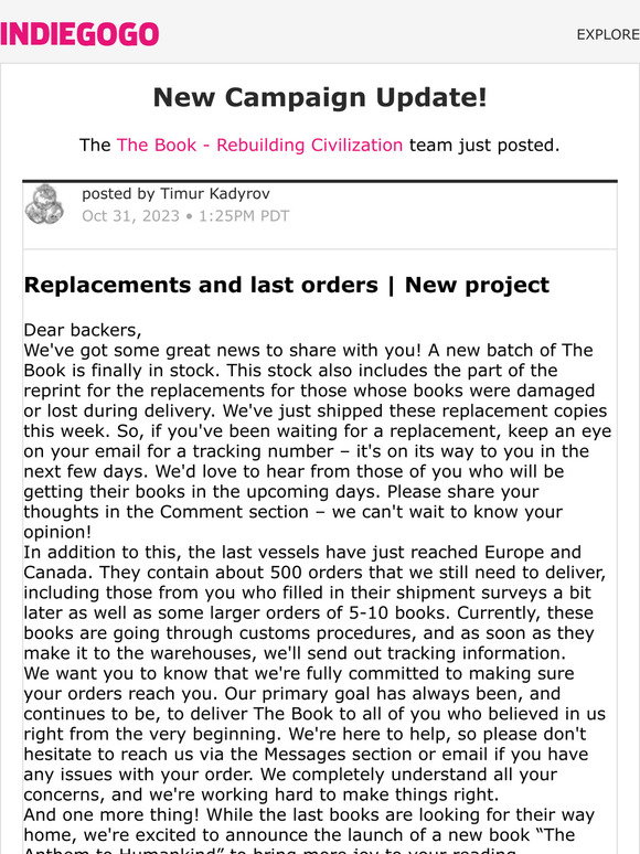 Indiegogo: 📢 Update #32 from The Book - Rebuilding Civilization | Milled