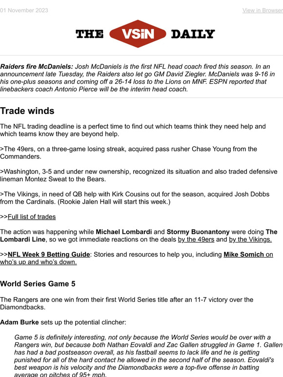 VSIN: Raiders Fire Coach, GM / NFL Trade Fallout / World Series Game 5 ...