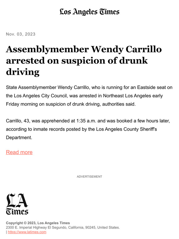 Los Angeles Times: Assemblymember Wendy Carrillo arrested on suspicion ...