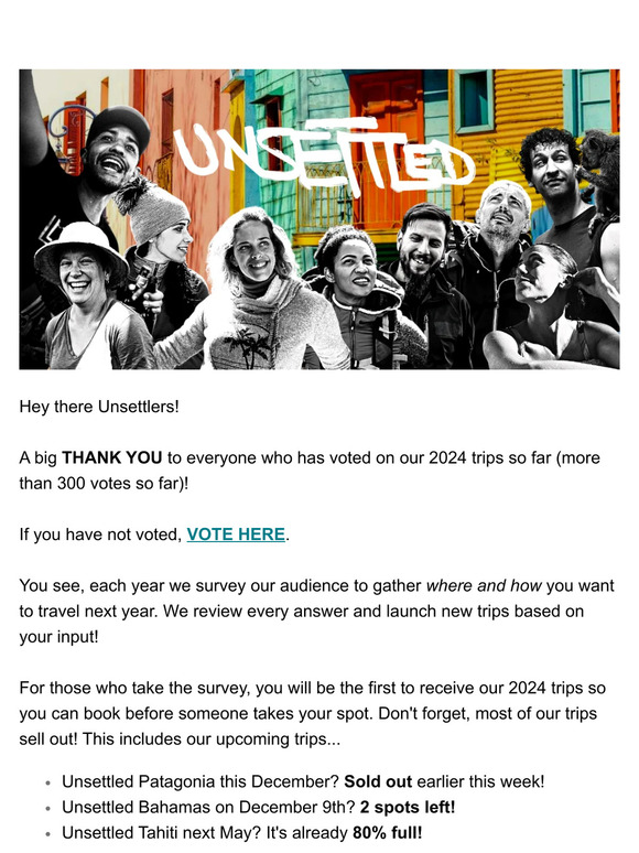 Unsettled: Last Chance: Vote now and shape Unsettled's 2024 destinations! | Milled