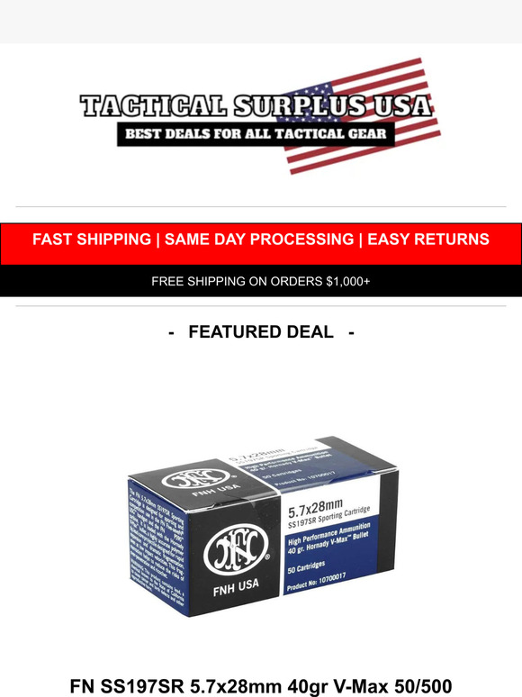 Tactical Surplus USA: Save BIG 💸 FN SS197SR 5.7x28mm 40gr V-Max Ammo ...