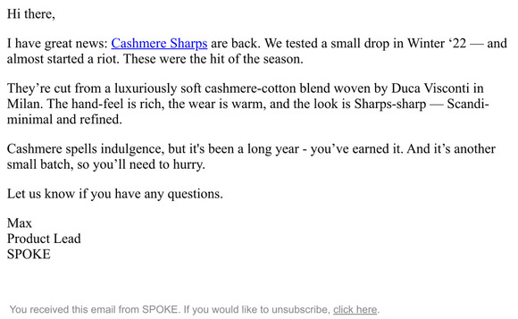 Spoke: Cashmere Sharps are back | Milled