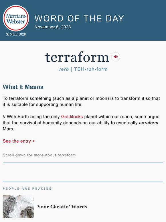 Merriam-Webster: Terraform - plus, Your Cheatin' Words | Milled