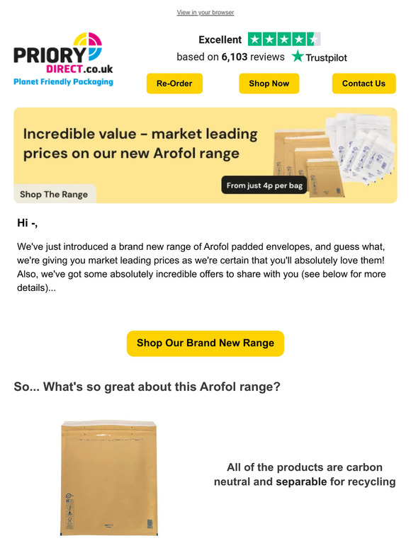 Priory Direct: Just launched - Incredible value on Arofol Padded Envelopes & two great offers ...