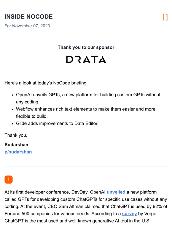 Inside: OpenAI unveils GPTs / Webflow enhances rich text elements / Glide adds improvements to ...
