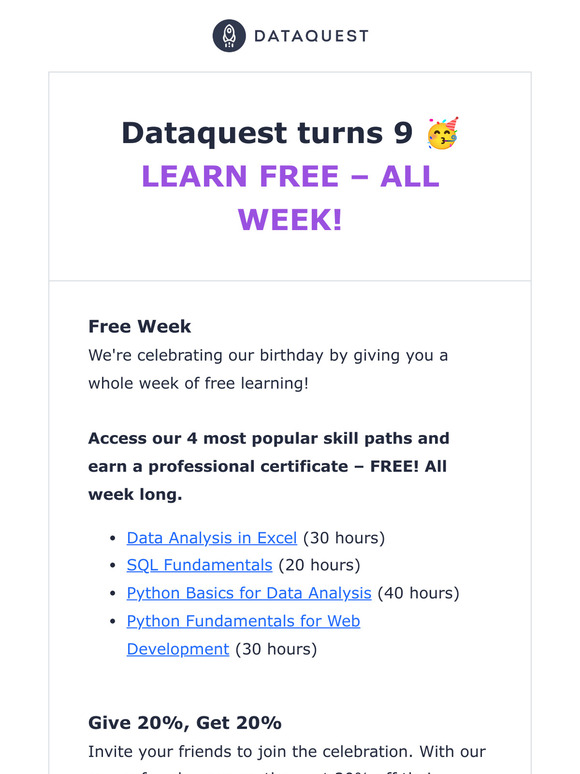 Dataquest: 🎉 Dataquest is 9! Enjoy Free Courses – all week long! | Milled