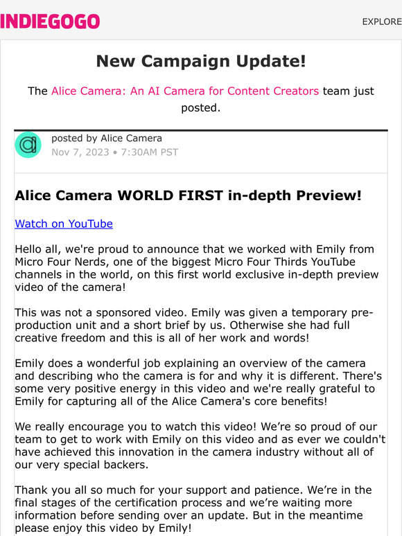 Indiegogo: 📢 Update #20 from Alice Camera: An AI Camera for Content ...