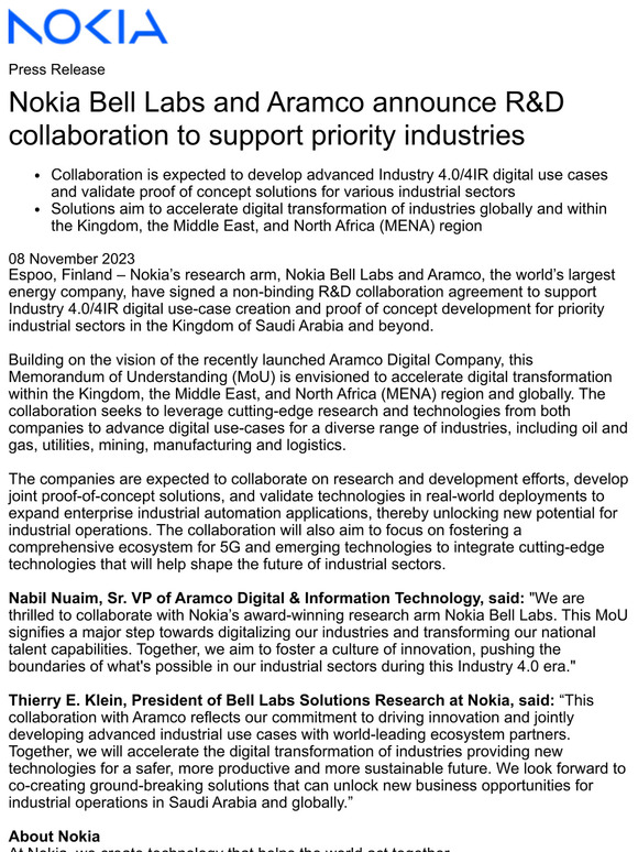 Withings: Nokia Bell Labs and Aramco announce R&D collaboration to ...