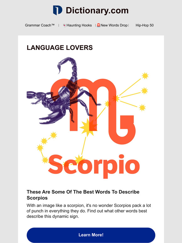 Dictionary.com: 🦂 Scorpio SZN: What Words Match Their "Sting"? | Milled