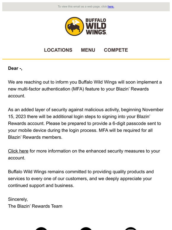 Buffalo Wild Wings: Security measure added to your Blazin’ Rewards | Milled