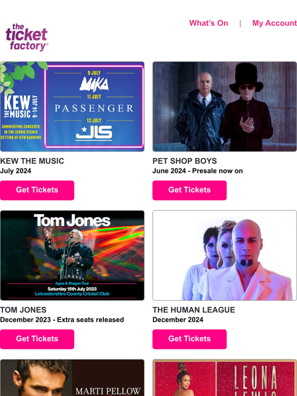 The Ticket Factory: Kew The Music, Pet Shop Boys, Tom Jones, The Human ...