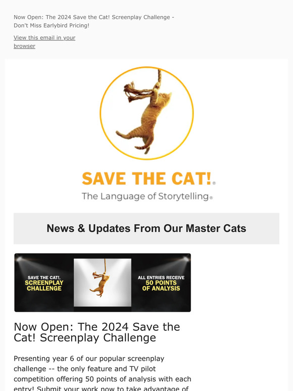 Save the Cat: Now Open: The 2024 Save the Cat! Screenplay Challenge ...