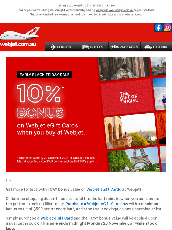 Webjet: 10% bonus value on Webjet eGift Cards | Milled