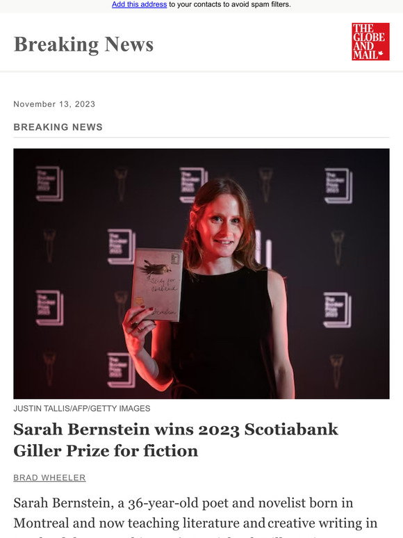 The Globe and Mail: Breaking News: Sarah Bernstein wins 2023 Scotiabank ...