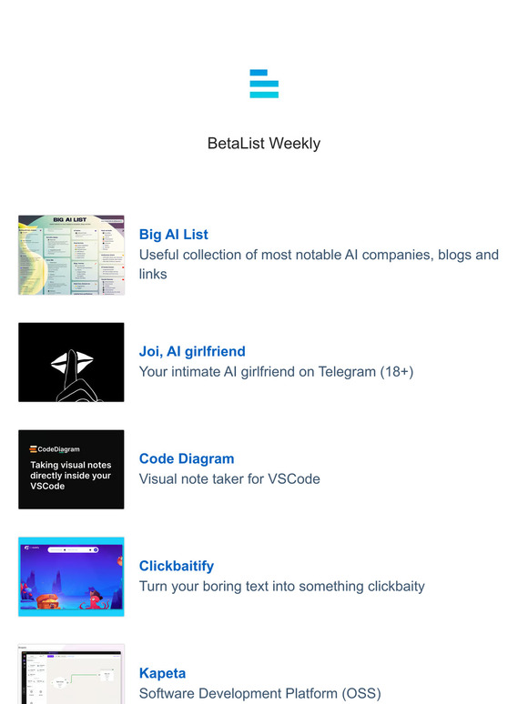 Betalist: Joi, AI girlfriend, Big AI List, Clickbaitify, Kapeta, Code Diagram, and more | Milled