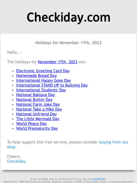 Checkiday: Holidays for November 17th, 2023! 📅🎉 | Milled