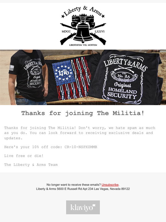 Liberty & Arms: Thanks for signing up! Here's 10% off Your Next Order ...