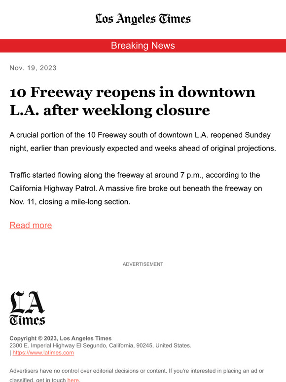 Los Angeles Times: 10 Freeway reopens in downtown L.A. after weeklong ...