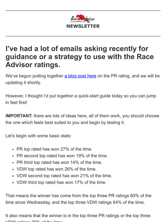 Race Advisor: Winning methods to use with our ratings (INSIDE) | Milled