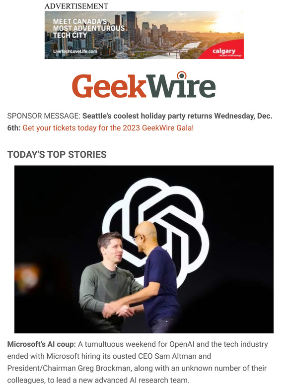 GeekWire: Microsoft emerges victorious from OpenAI meltdown | Altman to join Redmond tech giant ...