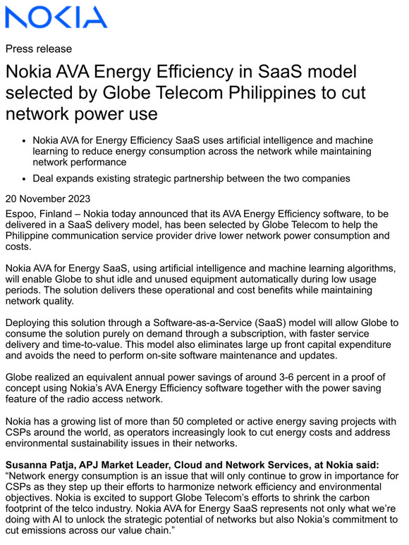 Withings: Nokia AVA Energy Efficiency in SaaS model selected by Globe Telecom Philippines to cut ...