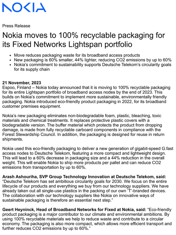 Withings: Nokia moves to 100% recyclable packaging for its Fixed Networks Lightspan portfolio ...