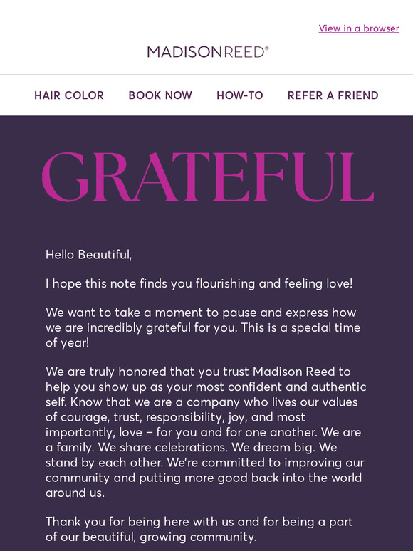 Madison Reed: A Note of Gratitude From Our Founder 💜 | Milled