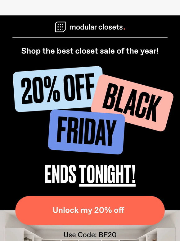 Modular Closets: The biggest sale of the year ends TONIGHT 😱 | Milled