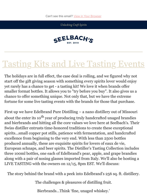 Seelbachs: Edelbrand & Barrell Tasting Kits and Live Tastings | Milled