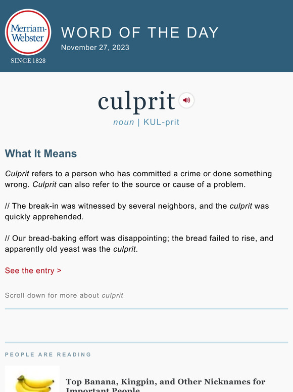 Merriam-Webster: Culprit - plus, Top Banana, Kingpin, and Other ...