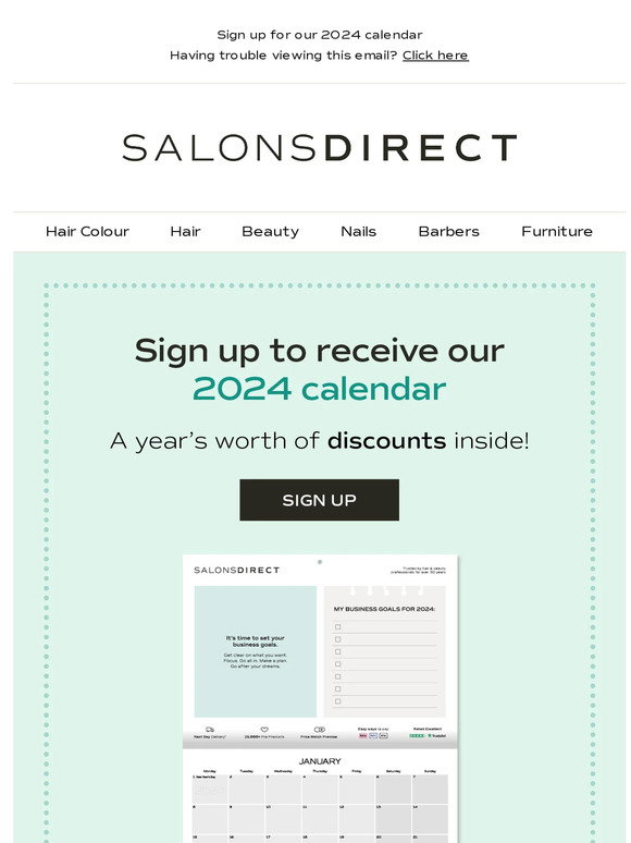 Salons Direct: Sign up for the 2024 Salons Direct calendar 💚 | Milled