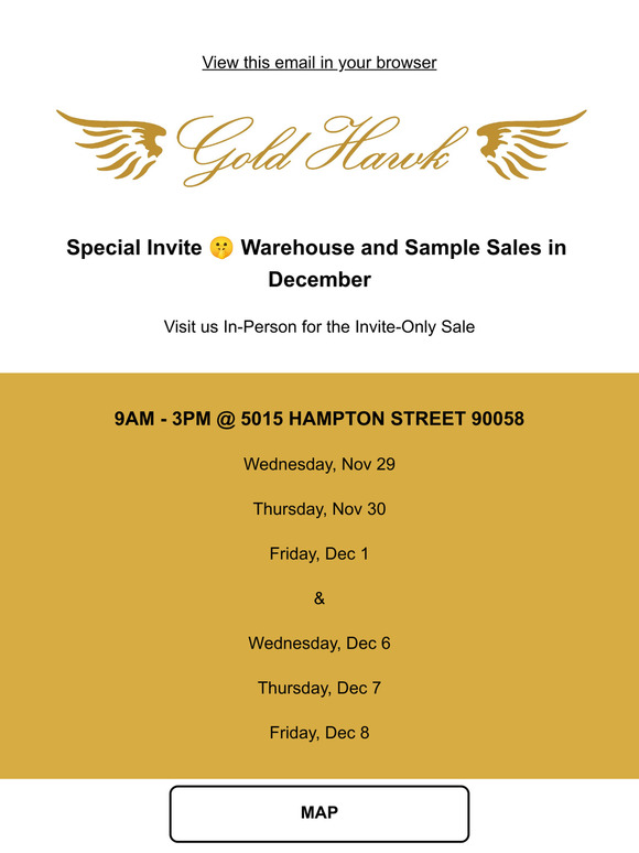Gold Hawk: Special Invite 🤫 Warehouse & Sample Sales Through December ...